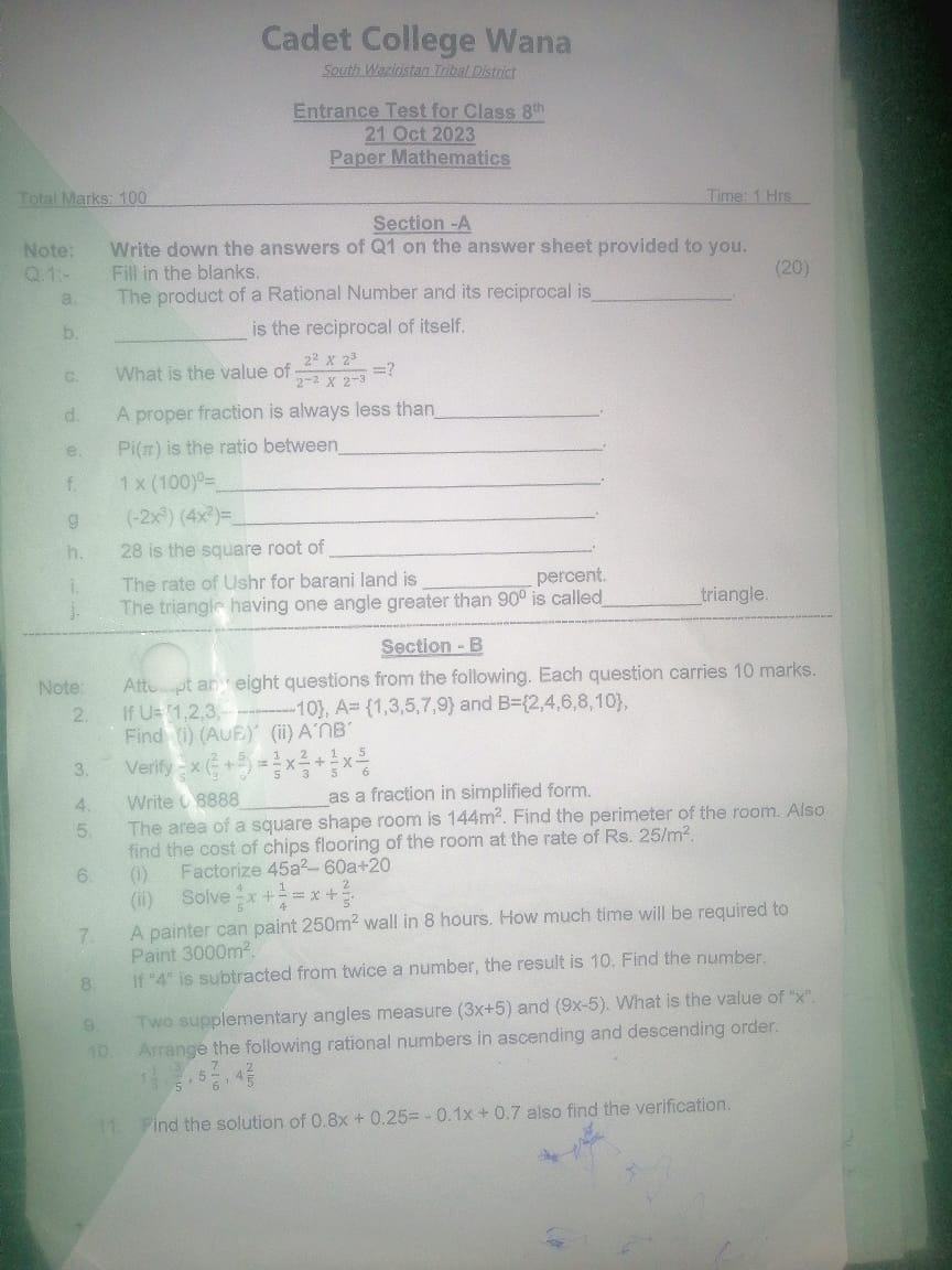 Cadet College Entry Test Past Papers Get Prepared